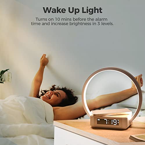 blonbar Bedside Lamp Qi Wireless Charger LED Desk Lamp with Alarm Clock, Touch Control 3 Light Hues, 10W Max Wireless Charging Table Lamp，Eye-Caring Reading Light for Kids, Adults, Home.