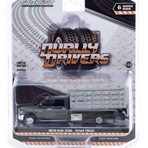 Greenlight 46060-E Dually Drivers Series 6-2018 Ram 3500 Dually Stake Truck - Granite Crystal Metallic Clearcoat 1:64 Scale