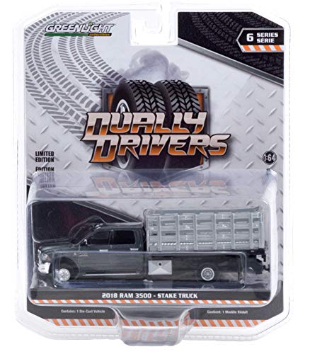 Greenlight 46060-E Dually Drivers Series 6-2018 Ram 3500 Dually Stake Truck - Granite Crystal Metallic Clearcoat 1:64 Scale