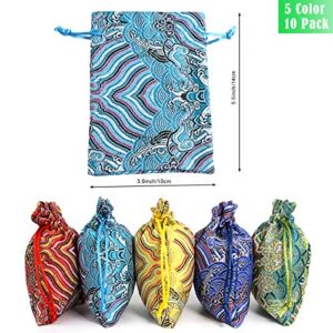 10pcs Silk Brocade Jewelry Pouch Bag 4x5.5" for Wedding Party Favors, Drawstring Coin Purse Embroidered Sachet Candy Chocolate Bag for Christmas New Year Birthday Party (Thick)