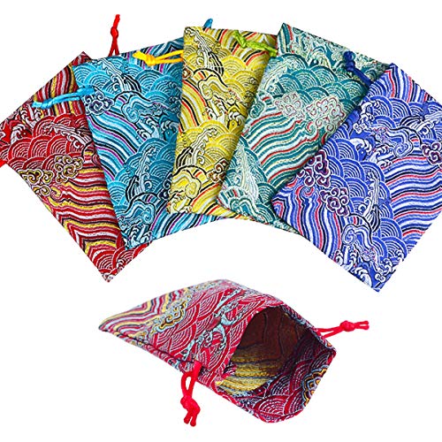 10pcs Silk Brocade Jewelry Pouch Bag 4x5.5" for Wedding Party Favors, Drawstring Coin Purse Embroidered Sachet Candy Chocolate Bag for Christmas New Year Birthday Party (Thick)