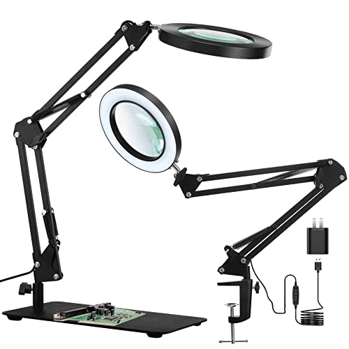 10X Magnifying Glass with Light and Stand, KIRKAS 2-in-1 Stepless Dimmable and 3 Color Modes LED Magnifying Lamp, Real Glass Lens Magnifier Desk Lamp & Clamp for Reading, Repair, Hobby, Close Work