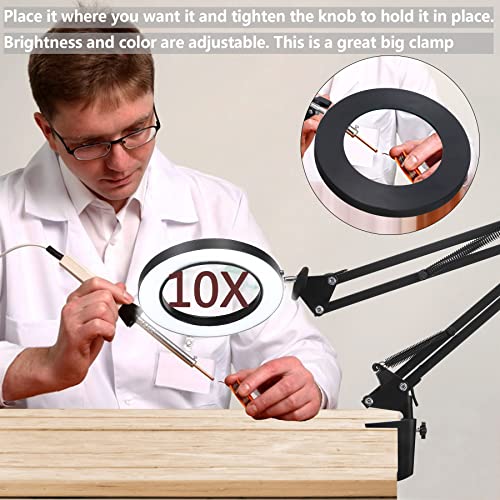 10X Magnifying Glass with Light and Stand, KIRKAS 2-in-1 Stepless Dimmable and 3 Color Modes LED Magnifying Lamp, Real Glass Lens Magnifier Desk Lamp & Clamp for Reading, Repair, Hobby, Close Work