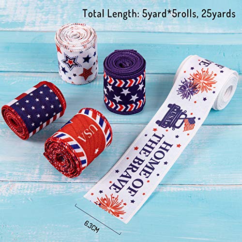 Whaline 5 Patriotic Ribbon Roll 4th of July Stars and Stripes Burlap Wired Edge Ribbon 25 Yards White Blue Red Decorative Ribbon for Independence Day Gift Wrapping DIY Wreath Bow Craft Sewing