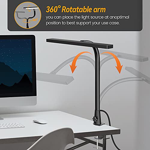 SKYLEO LED Desk Lamp with Clip - Eye Protection Desk Lamps for Home Office - Gooseneck Lamp for Desk - 3 Light Modes x 10 Brightness Levels - USB Port - 5V/2A Adapter - Black