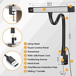 SKYLEO LED Desk Lamp with Clip - Eye Protection Desk Lamps for Home Office - Gooseneck Lamp for Desk - 3 Light Modes x 10 Brightness Levels - USB Port - 5V/2A Adapter - Black