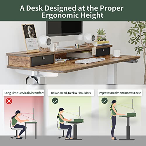 FEZIBO Height Adjustable Electric Standing Desk with Double Drawer, 55 x 24 Inch Stand Up Table with Storage Shelf, Sit Stand Desk with Splice Board, White Frame/Light Rustic Brown Top