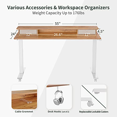 FEZIBO Height Adjustable Electric Standing Desk with Double Drawer, 55 x 24 Inch Stand Up Table with Storage Shelf, Sit Stand Desk with Splice Board, White Frame/Light Rustic Brown Top