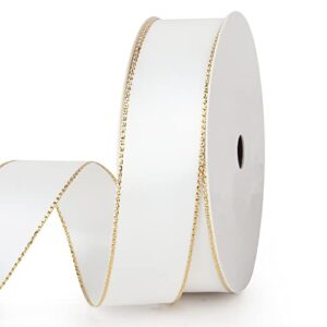 viviquen white double faced satin ribbon with gold edge, 1” polyester continuous ribbon -25 yards,wide ribbon for gift wrapping,wedding,bows bouquet,floral arrangement and craft