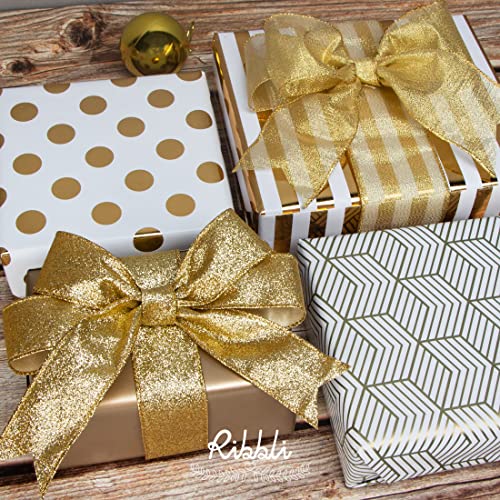 Ribbli Christmas Wrapping Paper, White and Gold Wrapping Paper for Birthday, Holiday, Wedding, Graduations, Baby Shower, Polka dots/Stripes/Geometric/Matte Gold,4 Rolls - 30 inch x 120 inch(10feet) Per Roll