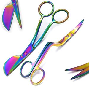 WellnessD'Light Set of 2 Multi Rainbow Color 6 Inch Stainless Steel Applique Duckbill Scissors Blade with Offset Handle & 6 Inch Machine Embroidery Double Curved Scissors Bundle by WDL