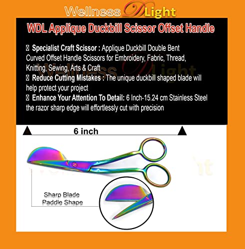 WellnessD'Light Set of 2 Multi Rainbow Color 6 Inch Stainless Steel Applique Duckbill Scissors Blade with Offset Handle & 6 Inch Machine Embroidery Double Curved Scissors Bundle by WDL