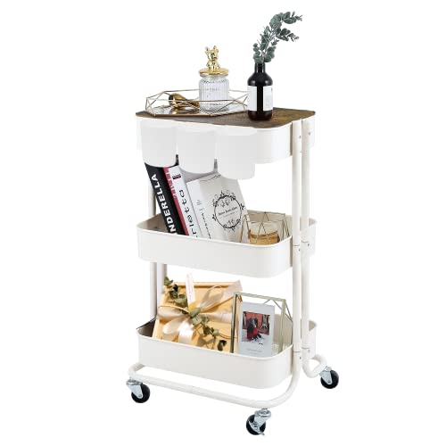 3-Tier Metal Utility Rolling Cart Storage Side End Table with Cover Board for Office Home Kitchen Organization, Cream White