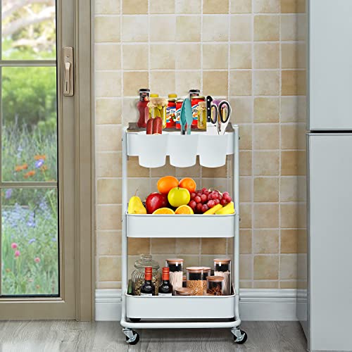 3-Tier Metal Utility Rolling Cart Storage Side End Table with Cover Board for Office Home Kitchen Organization, Cream White