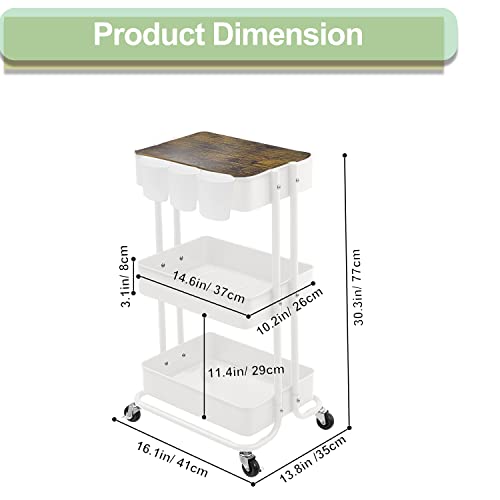 3-Tier Metal Utility Rolling Cart Storage Side End Table with Cover Board for Office Home Kitchen Organization, Cream White