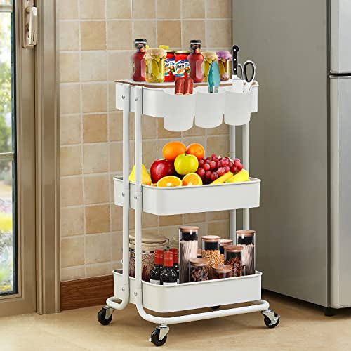 3-Tier Metal Utility Rolling Cart Storage Side End Table with Cover Board for Office Home Kitchen Organization, Cream White