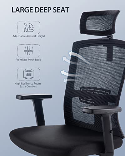 NOBLEWELL Office Chair Ergonomic Office Chair with Large Seat, Lumbar Support Computer Chair, Desk Chair with Adjustable Headrest, Armrest