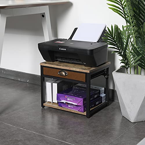 X-cosrack Printer Stand, Under Desk and Desktop Multi-Purpose with Storage Drawers, Wooden 2 Tiers Printer Cart with Detachable Wheels and Anti-Skid Feet for Mini Printer Scanner Fax Home and Office