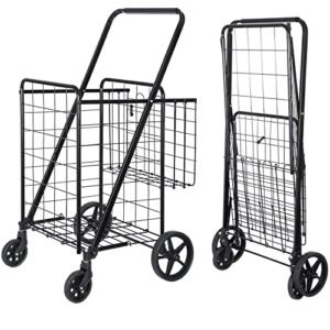 super deal folding shopping cart with wheels and double basket for groceries laundry book luggage travel, black