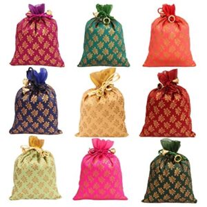 Touchstone Gorgeous Gift Wrapping bags reusable environment friendly Large Drawstring Mimosa Leaf Pattern Brocade for birthdays, wedding, return present packing set. pack of 9. 9x7 inches