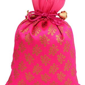 Touchstone Gorgeous Gift Wrapping bags reusable environment friendly Large Drawstring Mimosa Leaf Pattern Brocade for birthdays, wedding, return present packing set. pack of 9. 9x7 inches