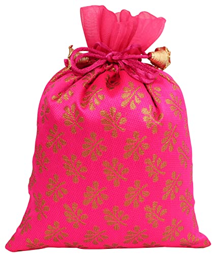 Touchstone Gorgeous Gift Wrapping bags reusable environment friendly Large Drawstring Mimosa Leaf Pattern Brocade for birthdays, wedding, return present packing set. pack of 9. 9x7 inches