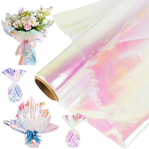 34 x 590 Inch Iridescent Cellophane Wrap Paper Roll, Food Grade Transparent Cellophane Roll Plastic Wrap for Flower, Gifts, Baskets, Arts & Crafts, Treats Wrapping