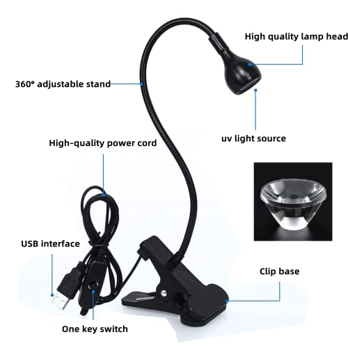 UV LED Light Fixtures with Gooseneck and Clamp Mini Desk Light Clamp Portable Gooseneck for Outdoor Stall Gel Nail Curing, 5V USB Input (Black,Round Head)