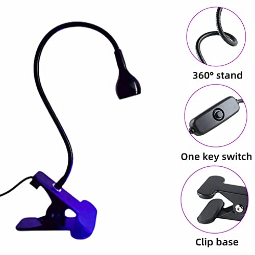 UV LED Light Fixtures with Gooseneck and Clamp Mini Desk Light Clamp Portable Gooseneck for Outdoor Stall Gel Nail Curing, 5V USB Input (Black,Round Head)