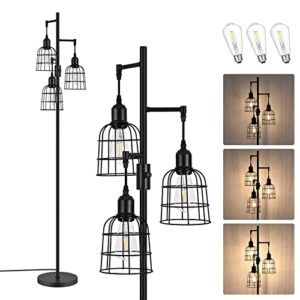 edishine dimmable floor lamp, 3 led edison bulb included, industrial tree floor lamp sturdy base, tall standing lamp for living room, bedroom, with 3 elegant teardrop cage head minimalist vintage