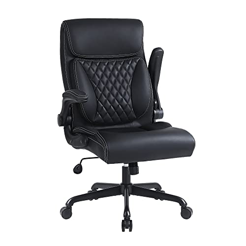 Executive Office Chair, Ergonomic Home Office Desk Chairs, PU Leather Computer Chair with Lumbar Support, Flip-up Armrests and Adjustable Height, Youchauchair High Back Work Chair, Black