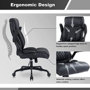 Executive Office Chair, Ergonomic Home Office Desk Chairs, PU Leather Computer Chair with Lumbar Support, Flip-up Armrests and Adjustable Height, Youchauchair High Back Work Chair, Black