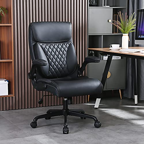 Executive Office Chair, Ergonomic Home Office Desk Chairs, PU Leather Computer Chair with Lumbar Support, Flip-up Armrests and Adjustable Height, Youchauchair High Back Work Chair, Black