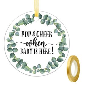 baby shower mini champagne bottle favor tags, pop and cheer when baby is here tags, greenery champagne baby shower favor tags, 2 inches, 50 count with golden ribbon