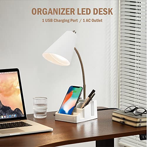 THOVAS LED Desk Lamp with 1 USB Charging Port and 1 AC Outlet, Organizer Base, Adjustable Neck, On/Off Switch, Modern Table Lamp for Reading, Working, Studying, Gentle Warm White Light, Eye Protect