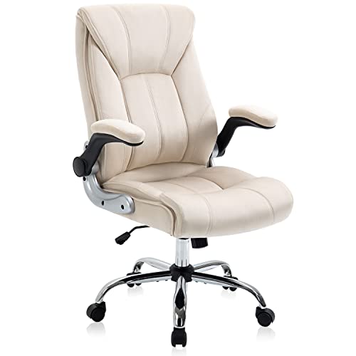 YAMASORO Velvet Fabric Office Chair Ergonomic Executive Chair with Lumbar Support,Home Office Desk Chairs Flip up Arms with Wheels, Comfortable Computer Chairs,Beige