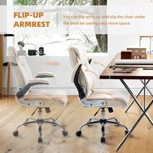 YAMASORO Velvet Fabric Office Chair Ergonomic Executive Chair with Lumbar Support,Home Office Desk Chairs Flip up Arms with Wheels, Comfortable Computer Chairs,Beige