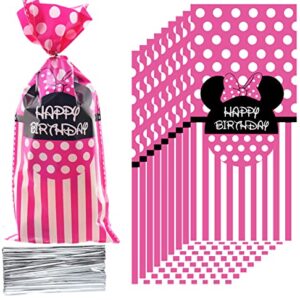 U/C 100 Pieces Pink Bow Mouse Ear Print Cone Cellophane Bags Heat Sealable Candy Bags Baby Pink Gift Bags Treat Bags with 100 Pieces Twist Ties for Girl Birthday Party Favor Decorations