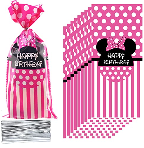 U/C 100 Pieces Pink Bow Mouse Ear Print Cone Cellophane Bags Heat Sealable Candy Bags Baby Pink Gift Bags Treat Bags with 100 Pieces Twist Ties for Girl Birthday Party Favor Decorations