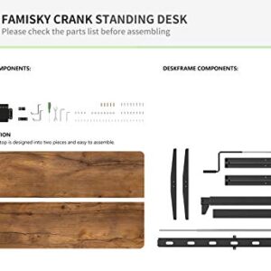 FAMISKY Crank Adjustable Height Standing Desk, 48 x 24 Inches Manual Stand up Desk, Sit Stand Workstation for Home Office with Handle and Splice Board, Black Frame/Walnut Top