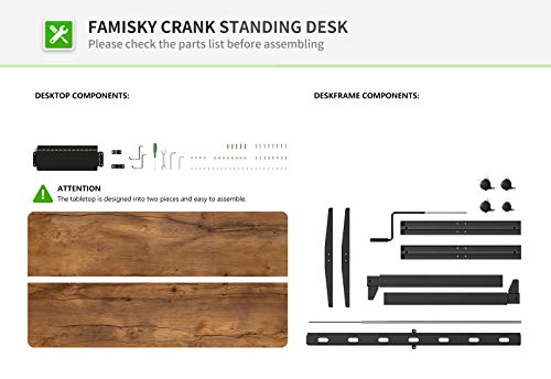 FAMISKY Crank Adjustable Height Standing Desk, 48 x 24 Inches Manual Stand up Desk, Sit Stand Workstation for Home Office with Handle and Splice Board, Black Frame/Walnut Top