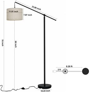 SURAIELEC Arc Floor Lamp, Overhang Cantilever Standing Floor Lamp for Couch, Sofa, Reading, Living Room, Bedroom, Adjustable Balance Arm, Natural Linen Drum Shade, Matt Black Metal Pole, Foot Switch