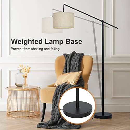 SURAIELEC Arc Floor Lamp, Overhang Cantilever Standing Floor Lamp for Couch, Sofa, Reading, Living Room, Bedroom, Adjustable Balance Arm, Natural Linen Drum Shade, Matt Black Metal Pole, Foot Switch