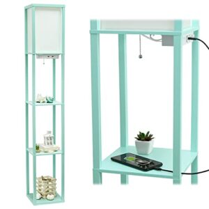 simple designs lf1037-aqu organizer storage shelf with 2 ports, 1 charging outlet and linen shade usb etagere floor lamp, aqua