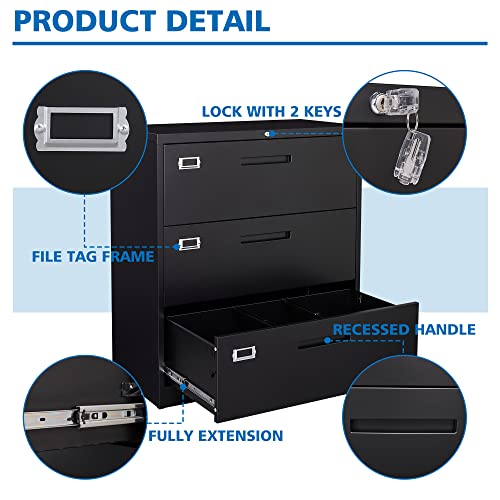 BYNSOE Lateral File Cabinet with Lock,Metal Storage File Cabinet 3 Drawer,Steel Lateral File Cabinet for Legal/Letter A4 Size,Wide File Cabinet for Office Home,Assembly Required