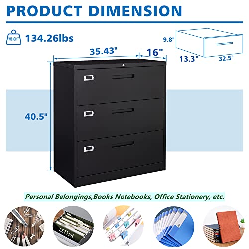 BYNSOE Lateral File Cabinet with Lock,Metal Storage File Cabinet 3 Drawer,Steel Lateral File Cabinet for Legal/Letter A4 Size,Wide File Cabinet for Office Home,Assembly Required