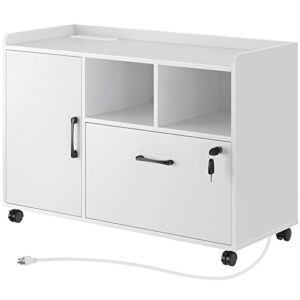 rolanstar file cabinet with charging station, mobile lateral filing cabinet with locking drawer, printer stand with open storage shelf with wheels, for letter/legal/a4 size files, white