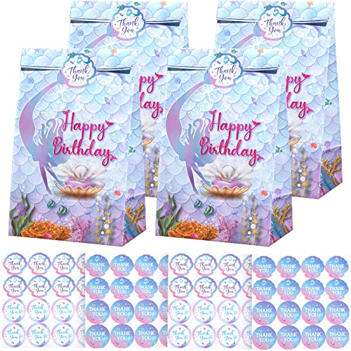 Chrisfall 28 Pieces Mermaid Gift Paper Bags with Stickers, Mermaid Party Candy Treat Bags Under the Sea Gift Bags for Mermaid Theme Birthday Baby Shower Party Favor