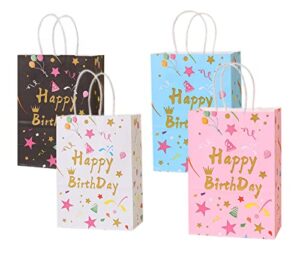 yyaaloa 28pcs small gift bags with handle bulk 4 styles birthday star print party favor paper shopping bags for kids birthday xmas party supplies retail bags (birthday, small 28pcs)