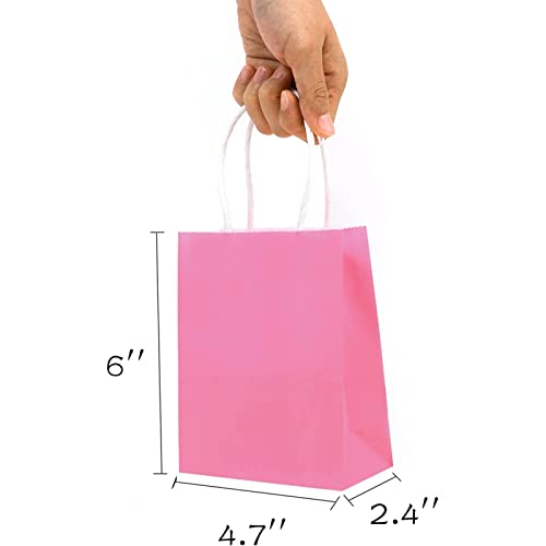 Oletx Mini 24-Pack Pink Valentines' Day Gift Bag with Handles, 6'' Party Favor Bag Small Kraft Paper Bag Goodie Bags for Birthday Baby Shower Gender Reveal wedding